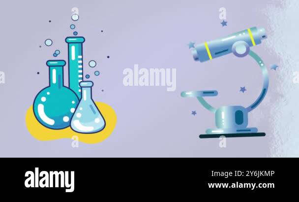 Animation of beakers and microscope icons on blue background. School ...