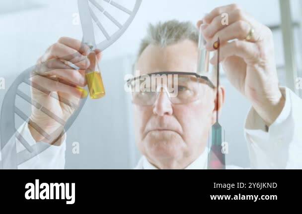 Scientist examining test tubes with DNA strand and syringe animation ...