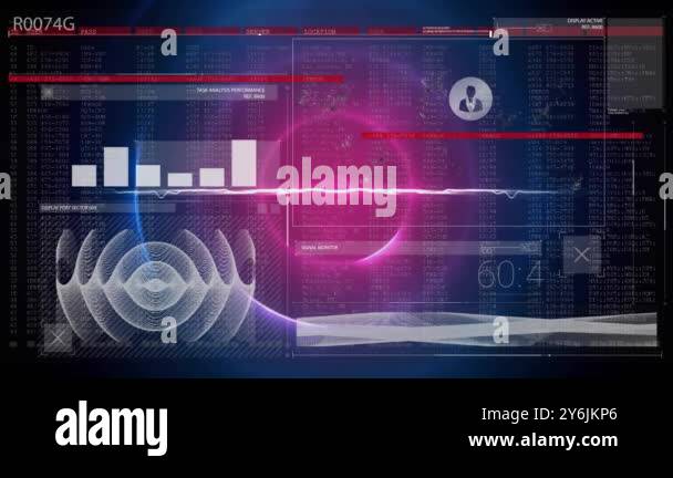 Data analysis and signal processing animation over futuristic interface with charts and graphs ...