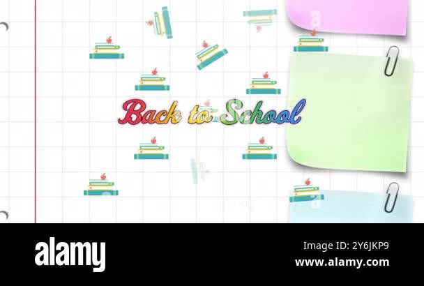 Animation of back to school text, schoolbooks and pencils over memo ...