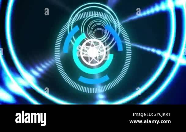 Rotating futuristic interface animation with glowing blue and white circular elements ...
