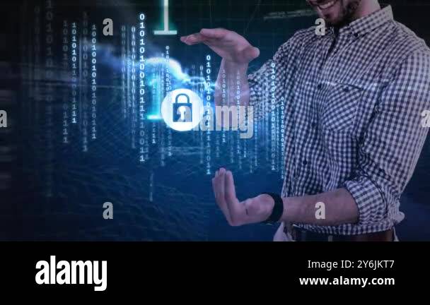Holding digital lock, man surrounded by binary code and cybersecurity animation. technology ...