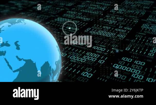 Digital communication icons over binary code and globe, representing ...