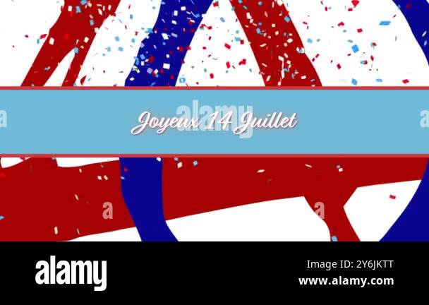 Animation of joyeaux 14 juillet text with french flag colours and ...