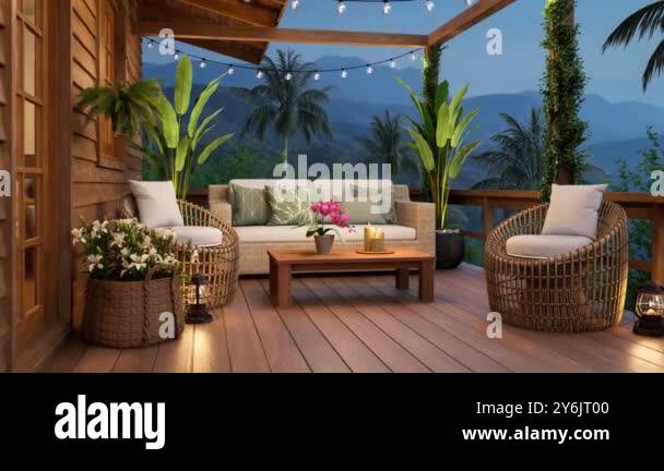 Relaxing night scene of a wooden house balcony with mountain 3d ...