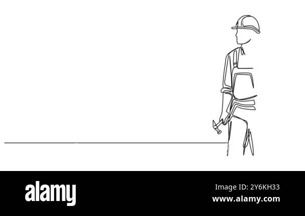 animated continuous single line drawing of construction worker with ...