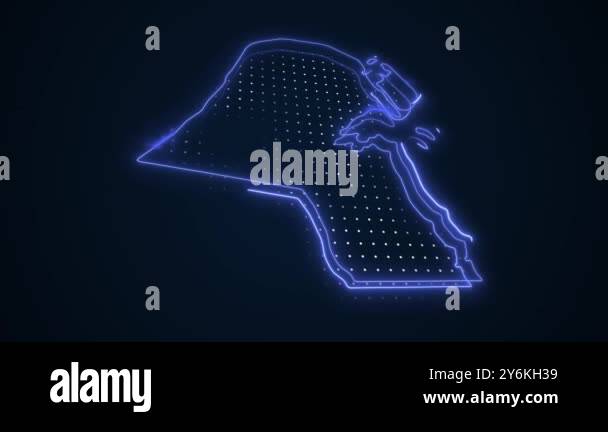 3D Moving Neon Blue Kuwait Map Borders Outline Loop Background Stock ...