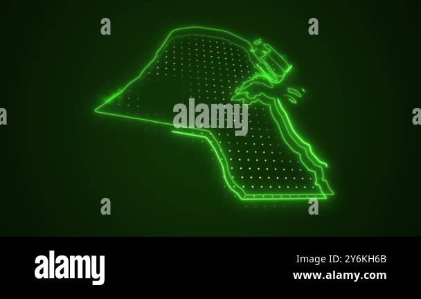 3D Moving Neon Green Kuwait Map Borders Outline Loop Background Stock ...