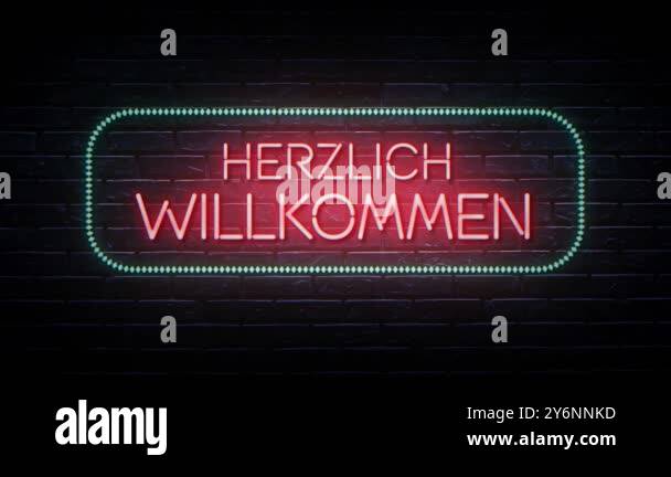 Red and blue neon Herzlich Willkommen word animation. Suitable for ...