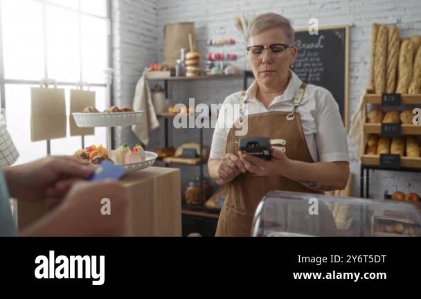 Woman cashier working in bakery shop processing payment from customer ...