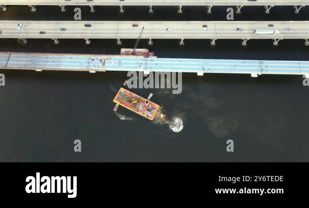Roadworks construction site on American highway bridge. Expanding ...