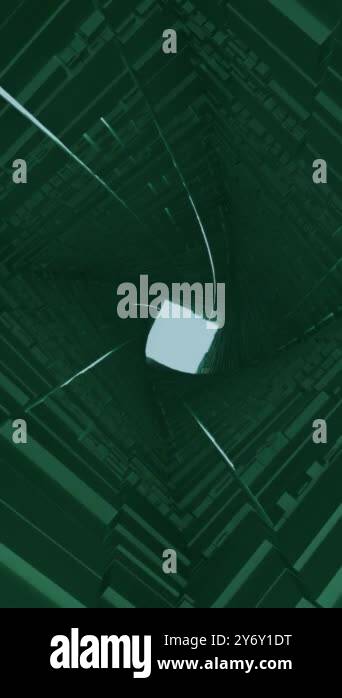 Falling down in enclosed space of the elevator with green walls ...
