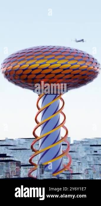 Abstract layout of a modern city with a huge spiral shaped skyscraper ...