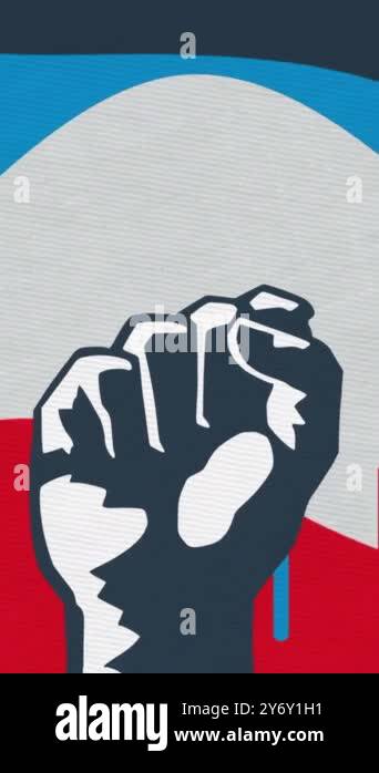 Cartoon design of a male strong fist on a colorful waving simple ...