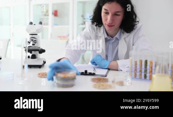 Lab worker takes Petri dish with grain sample for examination under ...