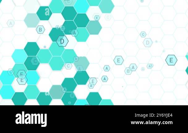 Green honeycomb hexagon pattern on white background with space for text. Vitamins icons. Looped ...
