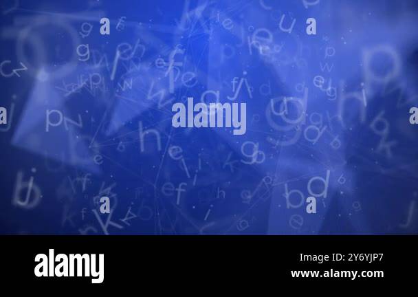 Random alphabet letters on blue background. Flying plexus line and ...