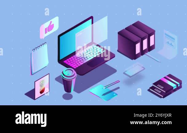 isometric workspace animation features a modern office environment with ...