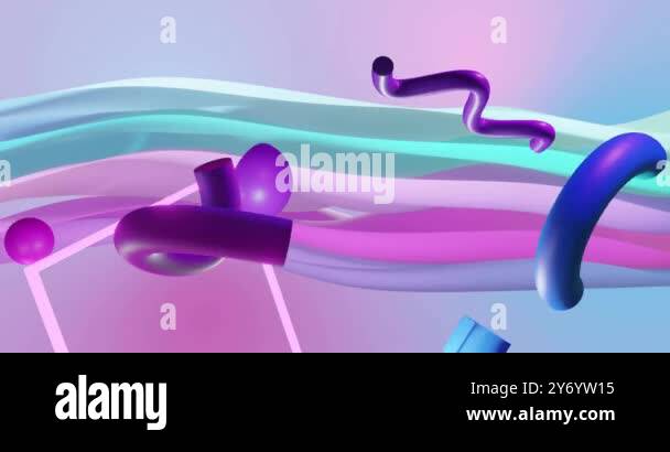 Animation of neon frame and abstract shapes moving over waving layers ...