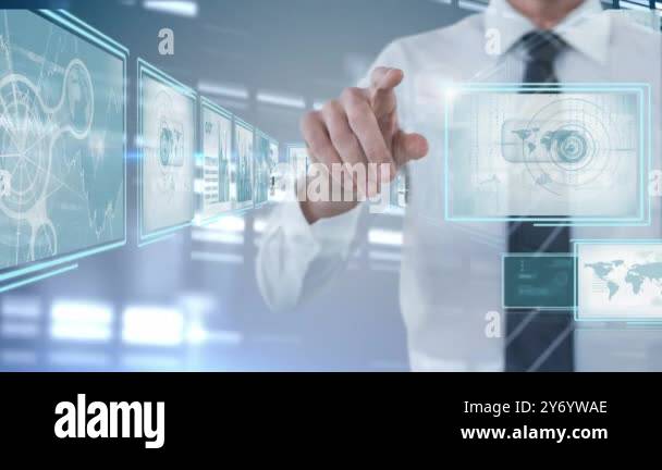 Touching digital screen, businessman interacting with futuristic data processing animation ...