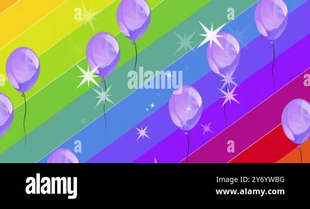 Animation of pride lgbtq text and balloons and stars falling over ...