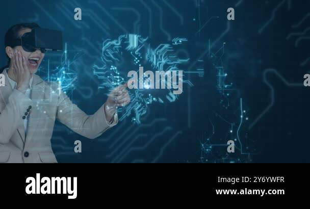 Using VR headset and interacting, woman with digital brain animation over circuit board ...