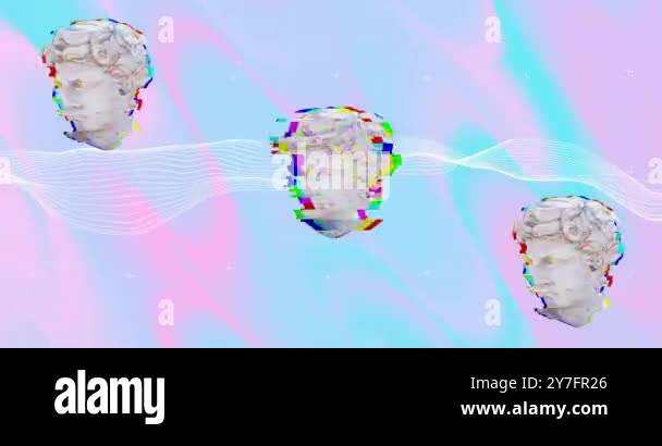 Animation of ancient sculpture heads moving over waving multi coloured ...