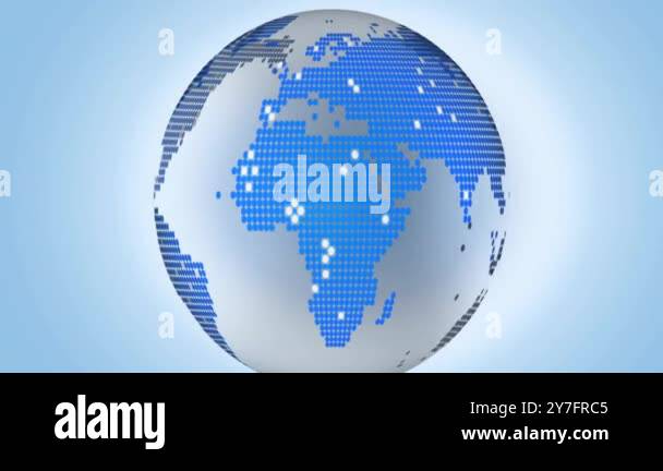 Rotating globe animation with blue digital pixel map over light blue ...