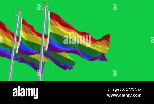 Rainbow flags waving isolated on green background. Seamless 3D render ...