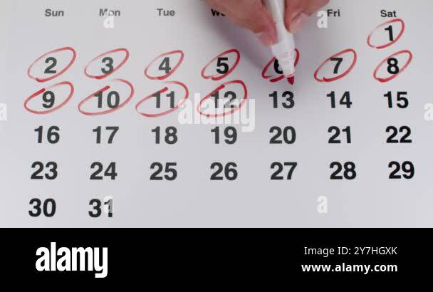 A Close Up Of A Calendar With Multiple Dates Marked In Red Circles