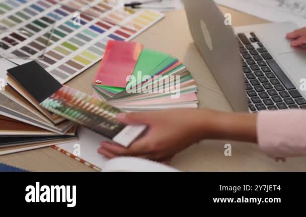 Skilled interior designer using architectural equipment draw blueprint ...
