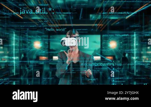 Woman searching coding programing for finance data world shape VR ...