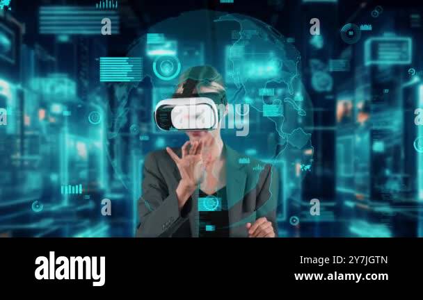 Businesswoman sliding and pointing circle finance data world shape monitor through by VR glasses ...