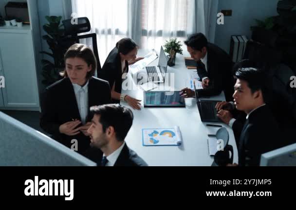 Top view of smart executive manager financial graph to diverse team ...