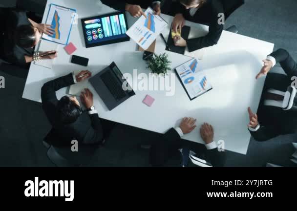 Top down aerial view of smart businessman use vr headset to enter ...