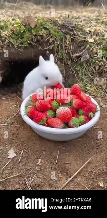 The video shows an adorable white rabbit happily munching on a bowl ...