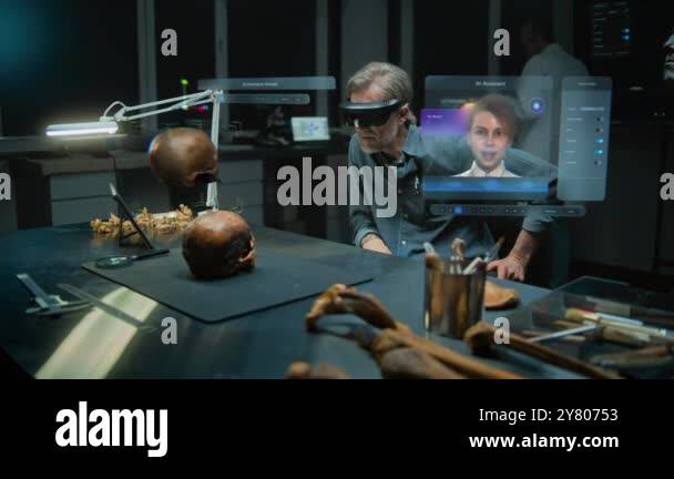 Advanced archaeological lab: Archaeologist in VR headset conducts ...