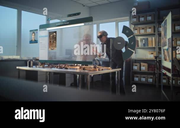 Advanced archaeological lab: Two archaeologists in VR headsets study ...