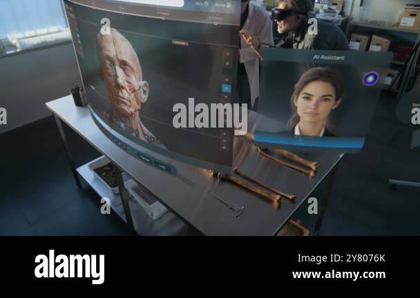 Modern archaeological lab: Two archaeologists in VR headsets study ...