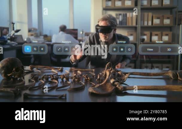 Advanced archaeological lab: Archaeologist in VR headset conducts bones ...