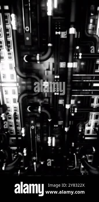 Abstract industrial background with black curved pipes and white light lamps, seamless loop ...