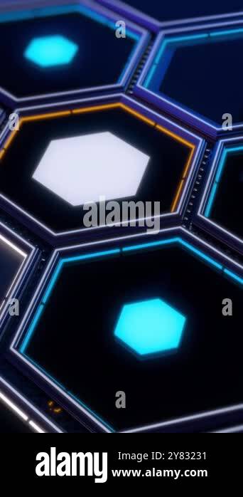Background of neon hexagonal cells. Animation. Horizontal futuristic surface with large neon ...