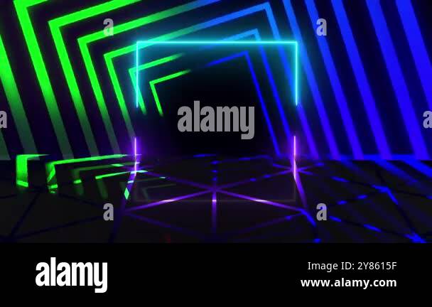 Night retro club neon rectangle square moving with its reflection 4K ...