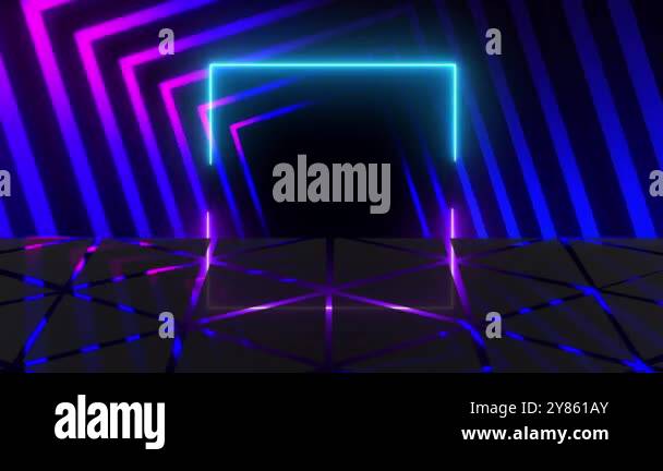 Night retro club neon rectangle square moving with its reflection 4K ...