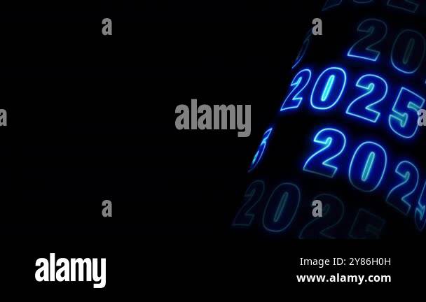 Loop 2025 3D tube blue neon text animation on black abstract background. 4K effect screen ...
