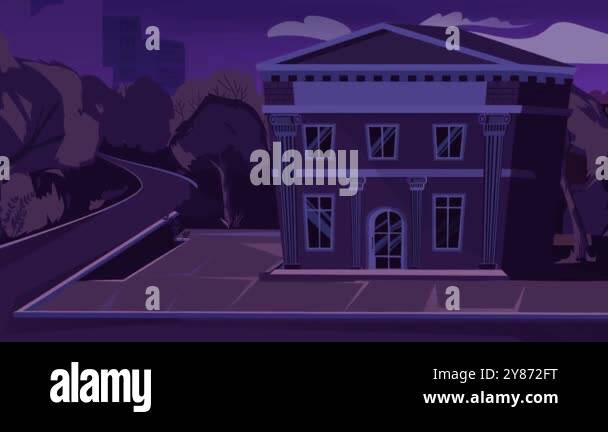 2d animated cartoon background of a villa house in the city at night ...
