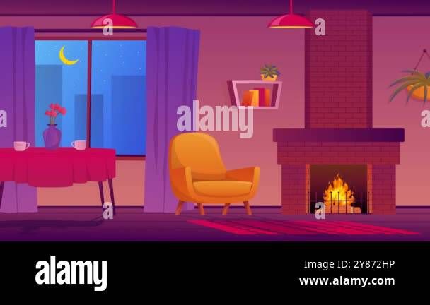 2d animated cartoon background of interior of a warm house with a ...