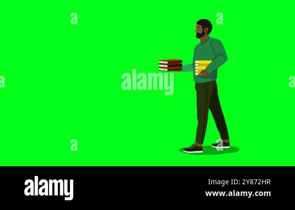 2d animated cartoon cycle loop walking of a man with books in his hands ...