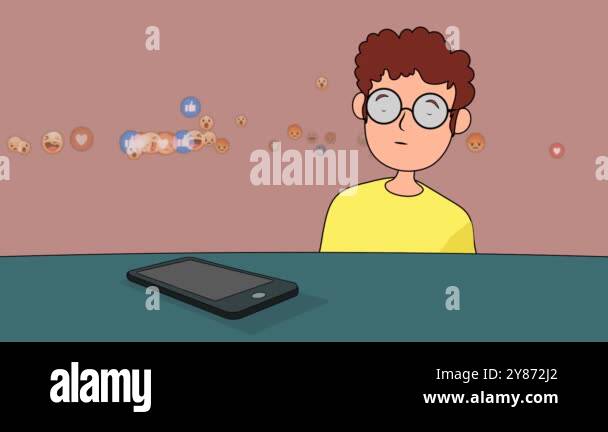 2d animated cartoon character view of a boy who looks at his mobile ...