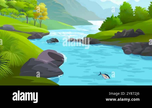 2d animated cartoon Spectacular landscape background of a river and a ...